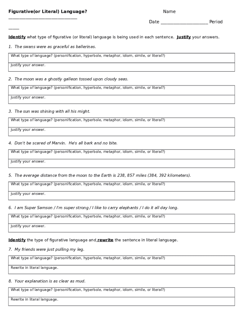 Worksheet 3. Literal and Figurative Language (teacher ... - pvhs chicousd Doc Template | pdfFiller