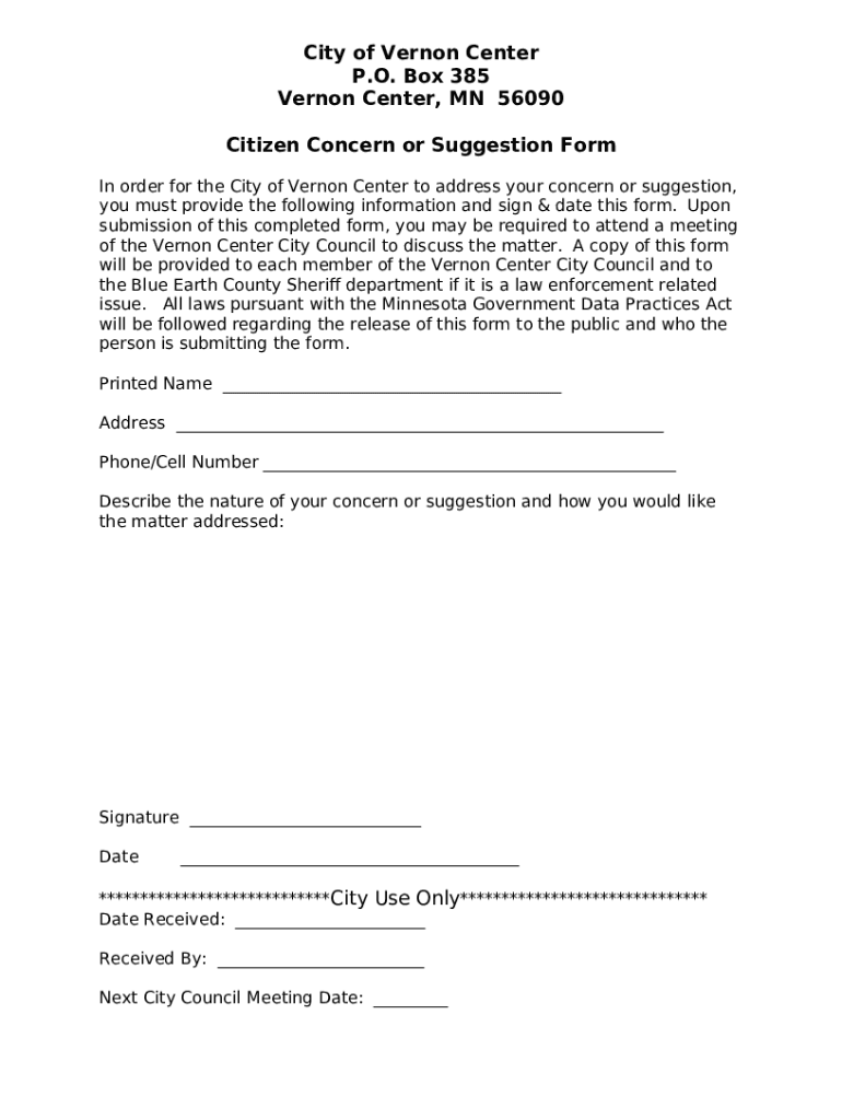 Citizen Concern or Suggestion Doc Template | pdfFiller