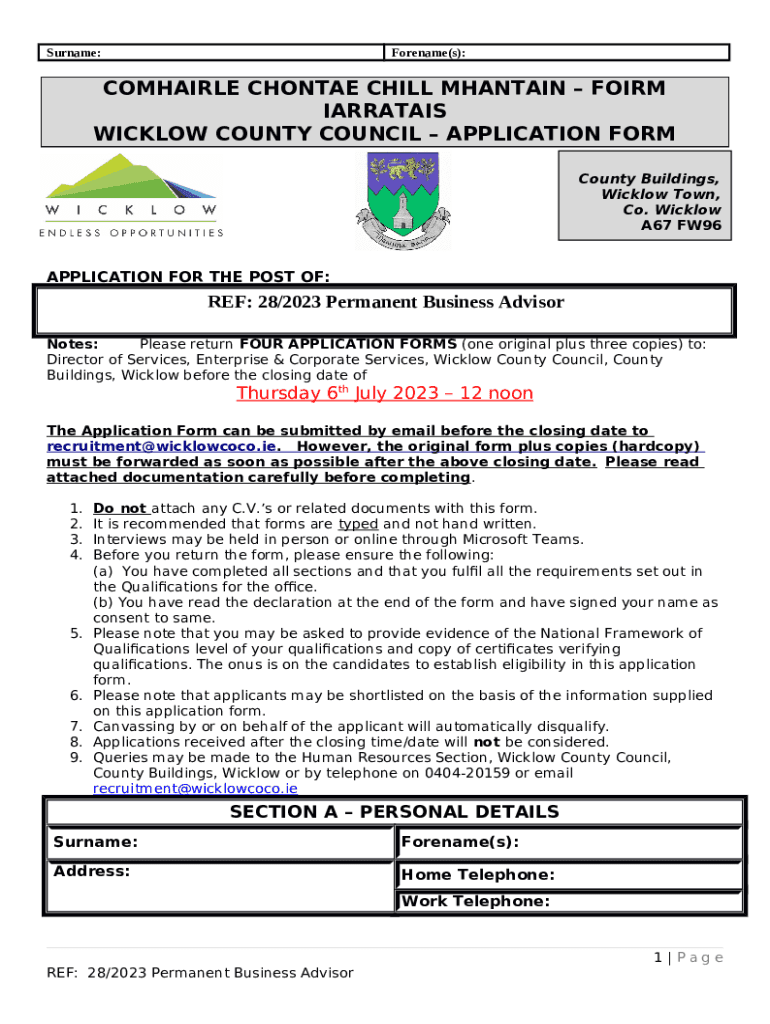 APPLICATION ... - WICKLOW COUNTY COUNCIL Doc Template | pdfFiller