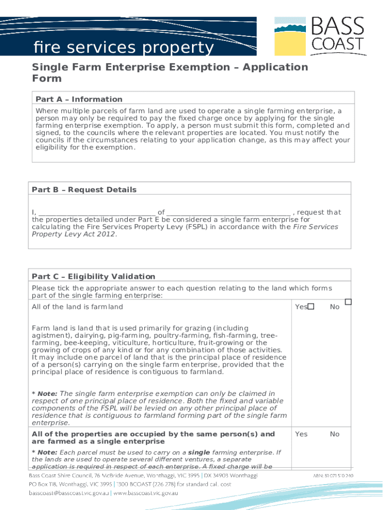 SINGLE FARM ENTERPRISE EXEMPTION APPLICATION Doc Template | pdfFiller
