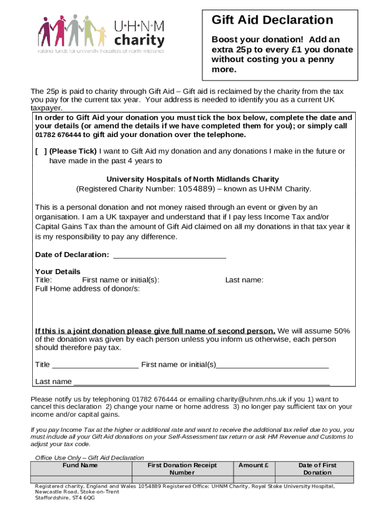 Gift Aid Declaration Boost your donation! Add ... - UHNM Charity Doc Template | pdfFiller