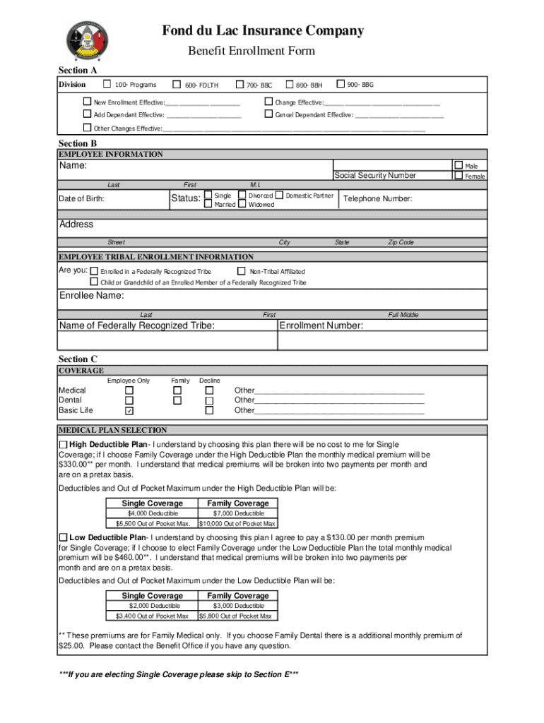 Fillable Online Fond du Lac Insurance Company Benefit Enrollment Form Fax Email Print - pdfFiller