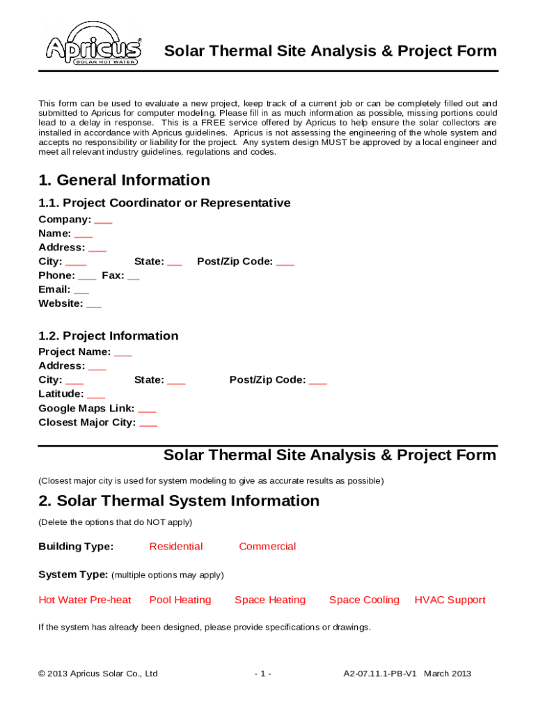 Solar Thermal Site Analysis & Project Doc Template | pdfFiller