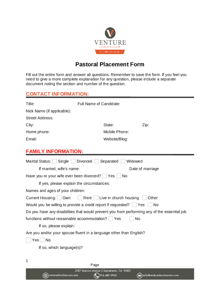 Pastoral Placement - Venture Church Network Doc Template | pdfFiller