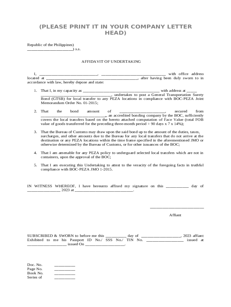 S.S. AFFIDAVIT OF UNDERTAKING I Doc Template | pdfFiller