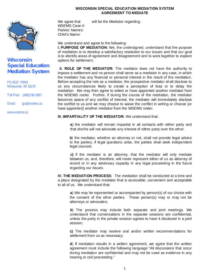 WSEMS Agreement to Mediate Doc Template | pdfFiller