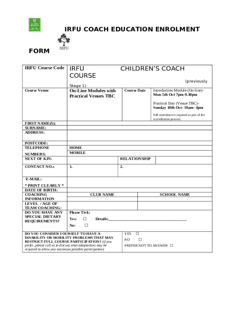 Children's Coach Course - IRFU Education Store - d2cx26qpfwuhvu cloudfront Doc Template | pdfFiller