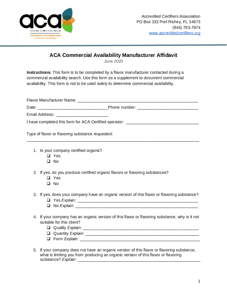 Flavor Commercial Availability Manufacturer Affidavit Doc Template ...