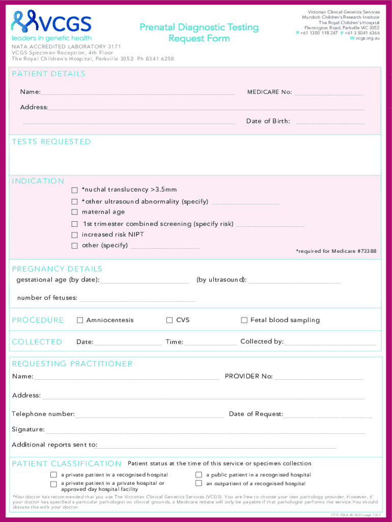 Fillable Online Prenatal Diagnostic Testing Request Form Fax Email ...