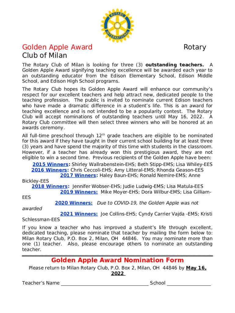 Area Teachers Up For Rotary's Golden Apple Award Doc Template | pdfFiller