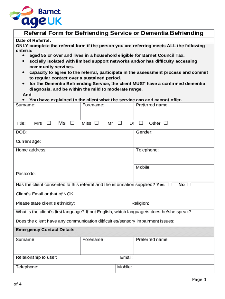 Befriending Project Referral Doc Template | pdfFiller