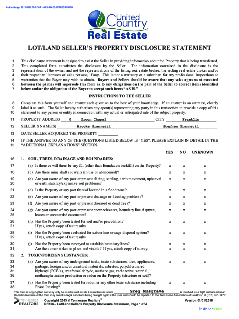 Fillable Online LOT/LAND SELLER'S PROPERTY DISCLOSURE STATEMENT Fax ...