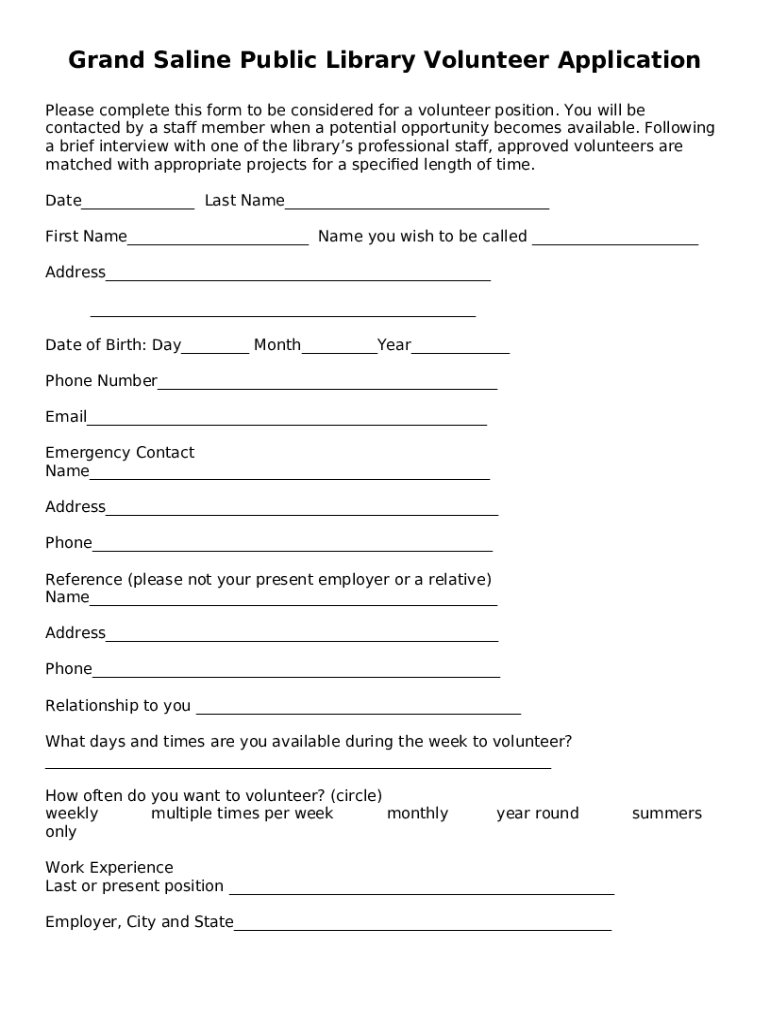 Grand Saline Public Library Volunteer Application Doc Template | pdfFiller