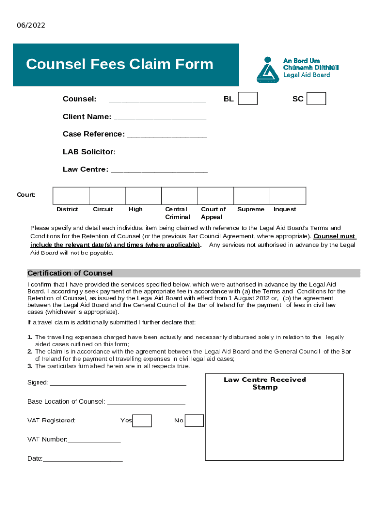 Counsel Fees Claim - Legal Aid Board Doc Template | pdfFiller
