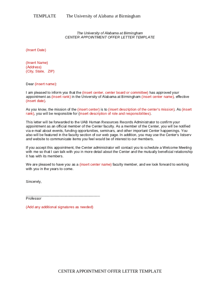 Center Appointment Offer Letter Template Doc Template | pdfFiller