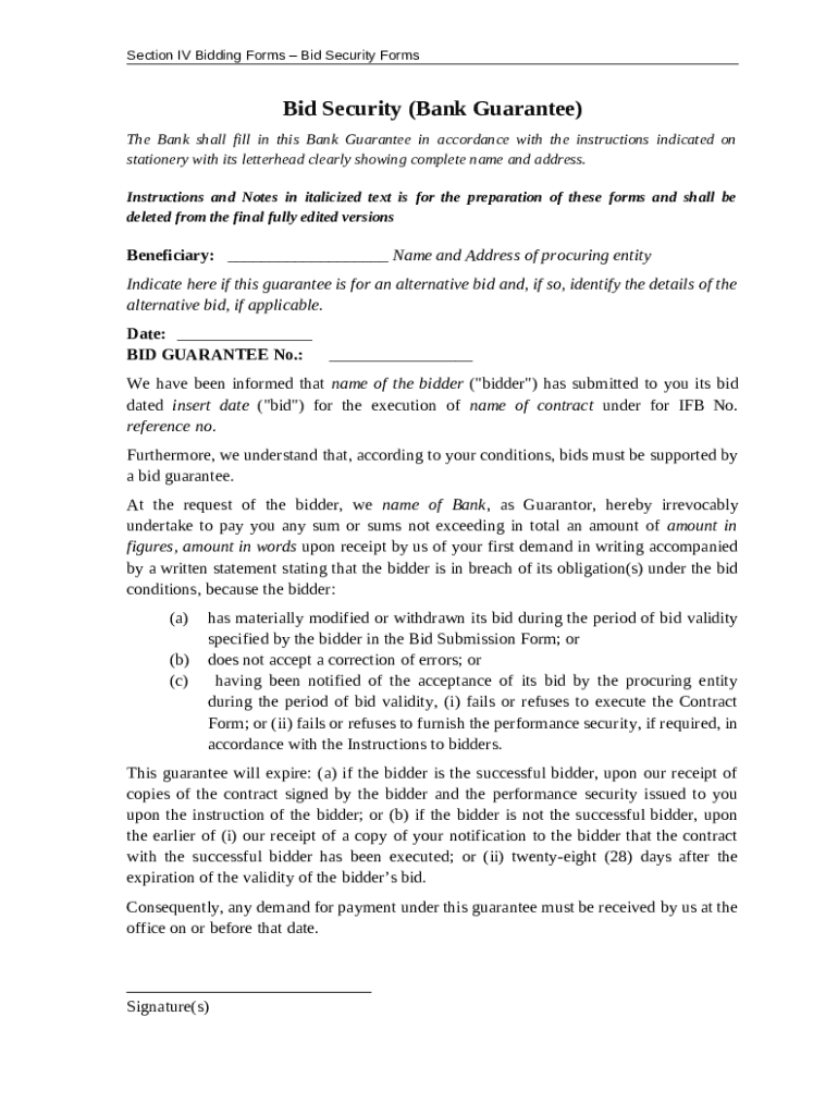 Bid Security (Bank Guarantee) Doc Template | pdfFiller