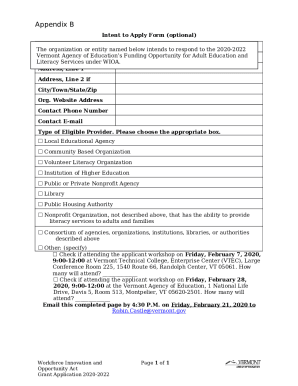 Appendix B - Intent to Apply - education vermont Doc Template | pdfFiller