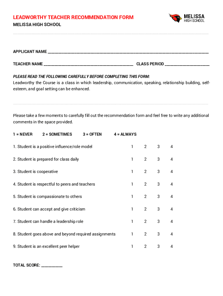 Fillable Online LEADWORTHY TEACHER RECOMMENDATION FORM - AWS Fax Email ...