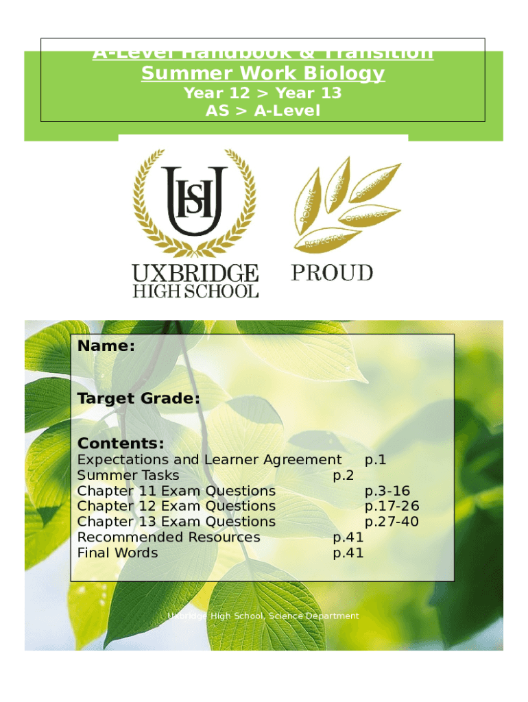 A-Level Handbook & Transition Summer Work Biology Doc Template | pdfFiller
