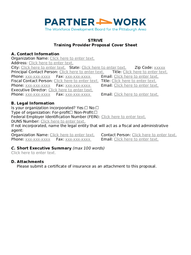 Training Provider Proposal Cover Sheet Doc Template | pdfFiller