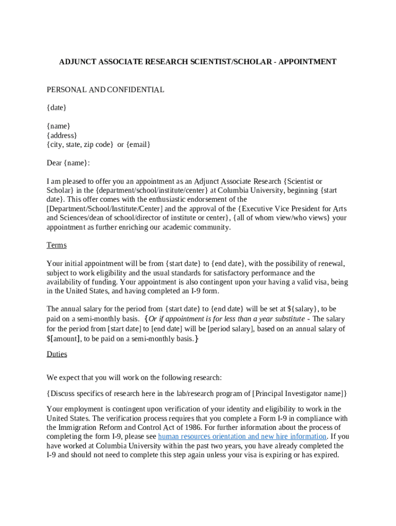 HH. Sample Research Scientist/Scholar Offer Letter Doc Template | pdfFiller