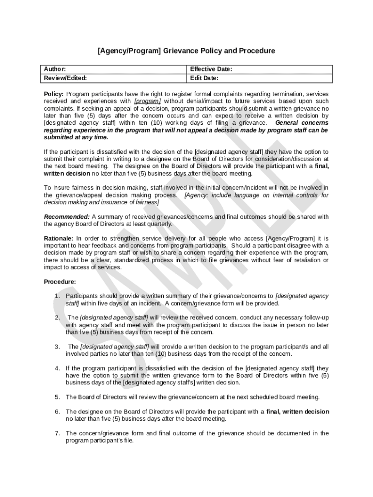 Statewide Grievance Policy Doc Template | pdfFiller
