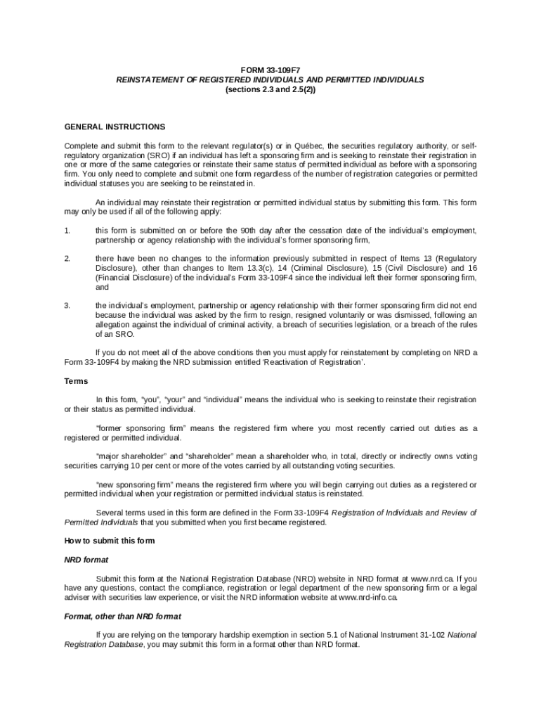 33-109F7 - Reinstatement of Registered Individuals and ... Doc Template | pdfFiller