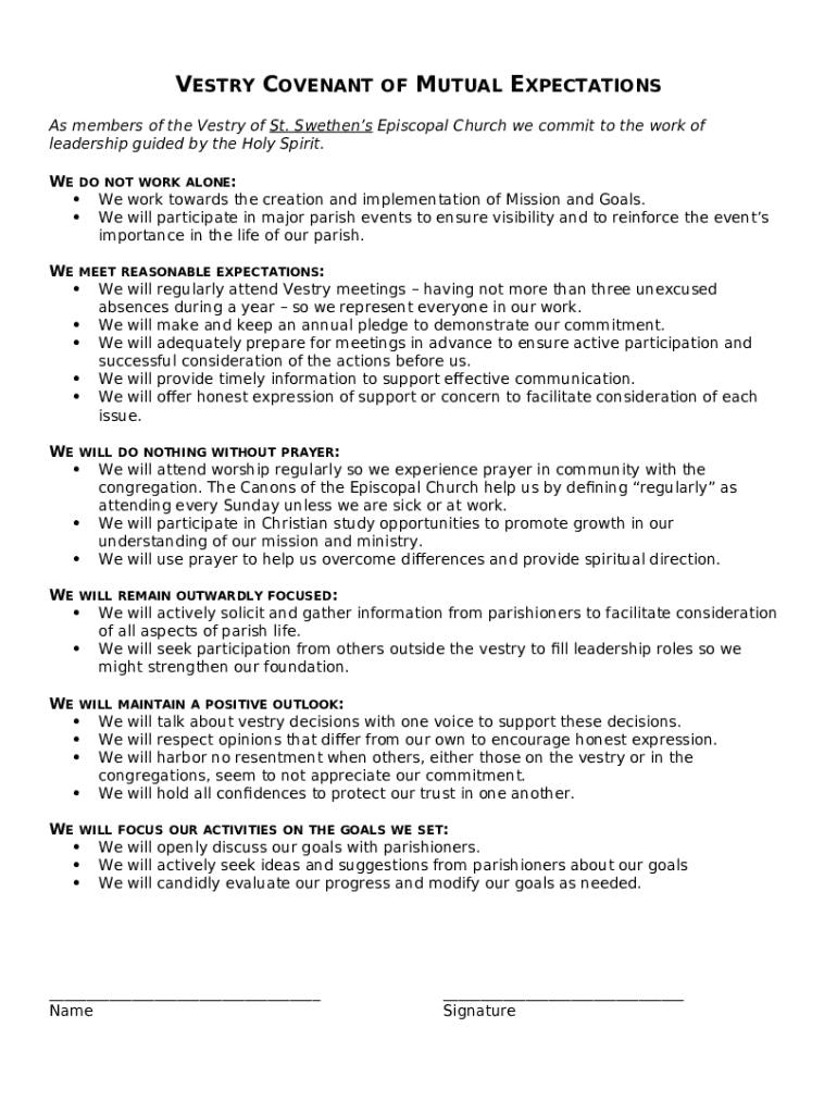 Vestry COVENANT OF MUTUAL EXPECTATIONS Doc Template | pdfFiller