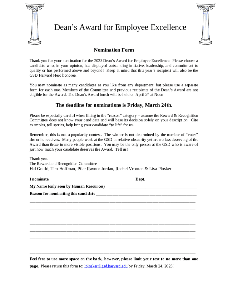 Deans Award for Employee Excellence Doc Template | pdfFiller