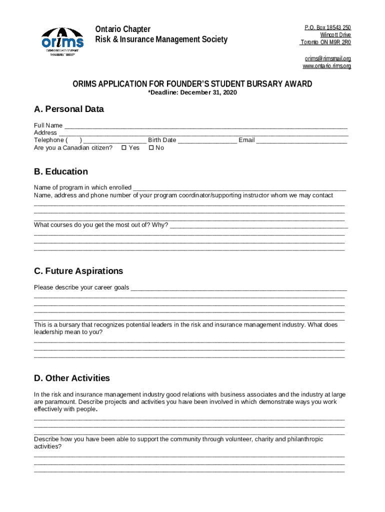 ORIMS BURSARY APPLICATION Doc Template | pdfFiller