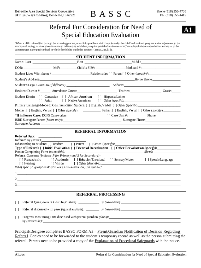 Referral for Sp Ed Eval. BASSC Electronic s Doc Template | pdfFiller