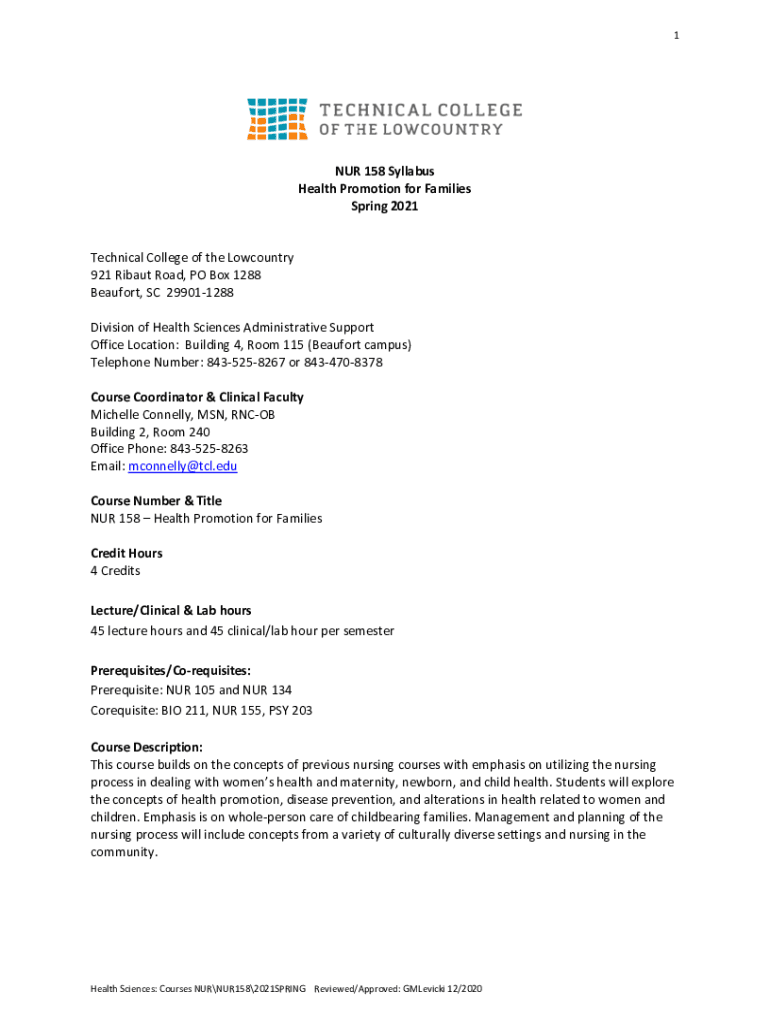 Fillable Online NUR 158 Syllabus Health Promotion for Families Spring ... Fax Email Print ...