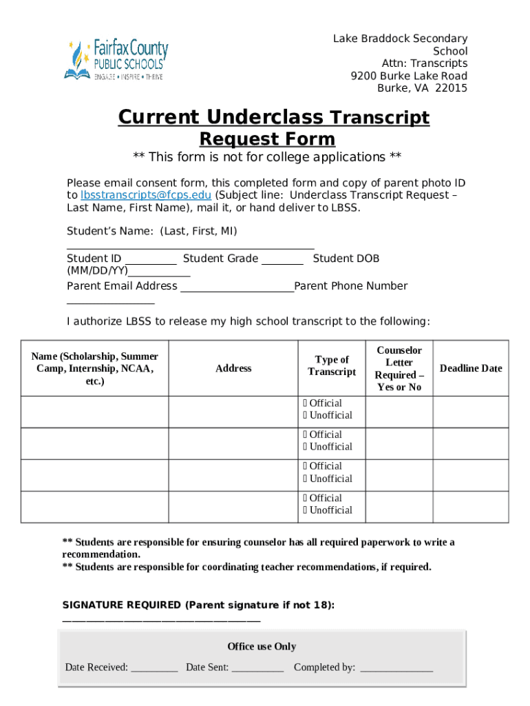 Current Underclass Transcript Request Doc Template | pdfFiller