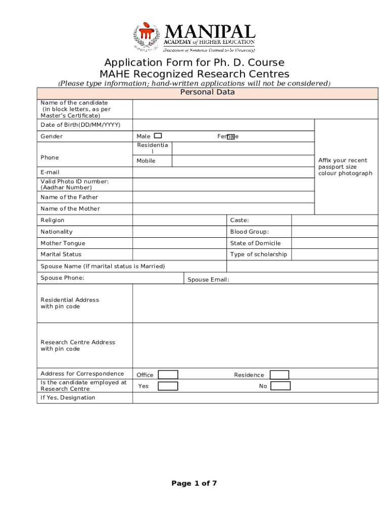 Application for Ph. D. Course MAHE Recognized ... Doc Template | pdfFiller