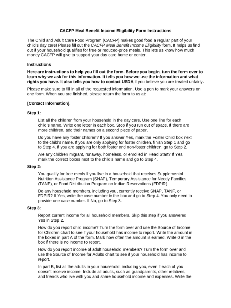 CACFP Eligibility Templates Pricing Programs Doc Template | pdfFiller