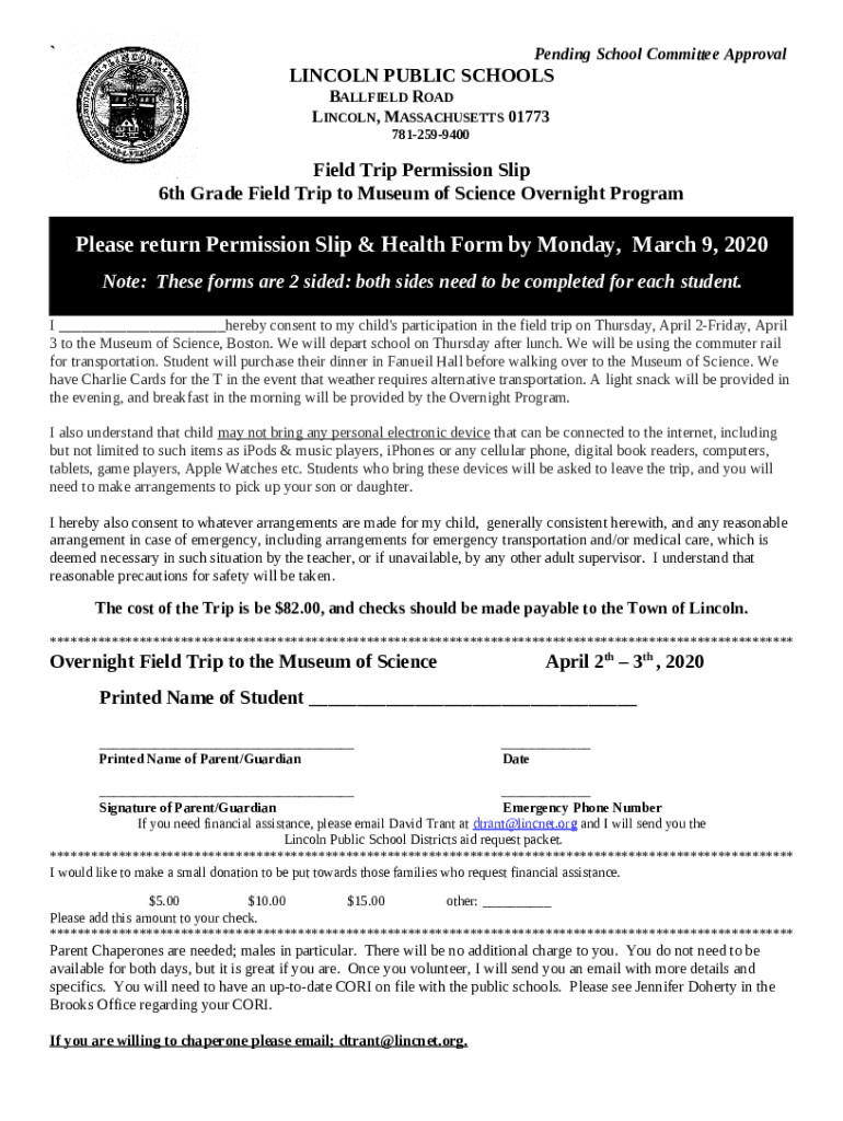 Overnight Field Trip to the Museum of Science April 2 th Doc Template | pdfFiller