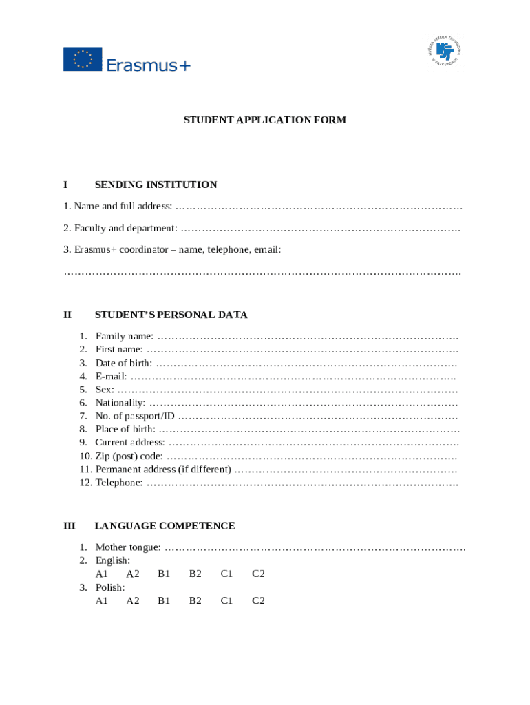Application for Incoming Students - Erasmus Doc Template | pdfFiller