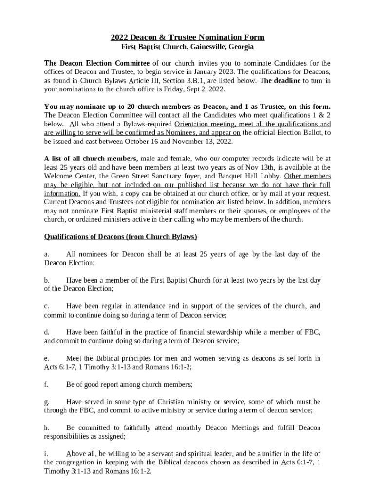 1998 Deacon & Trustee Nomination - First Baptist Church Doc Template ...