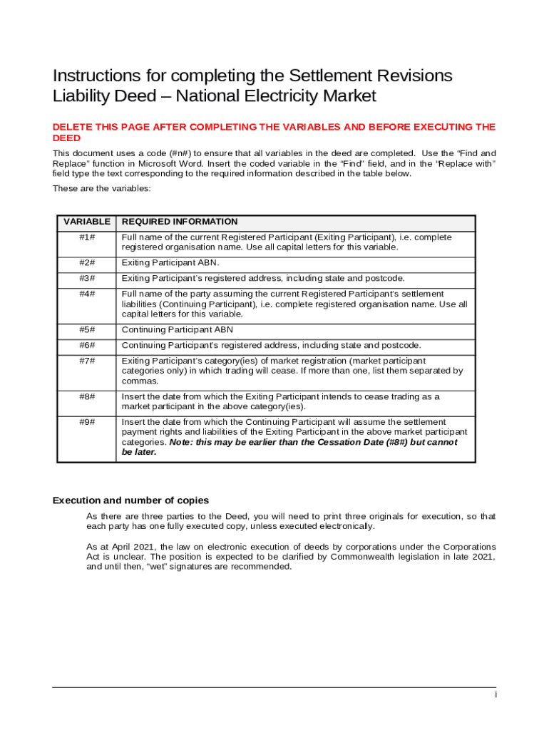 Nem Settlements Revision Liability Deed Doc Template Pdffiller