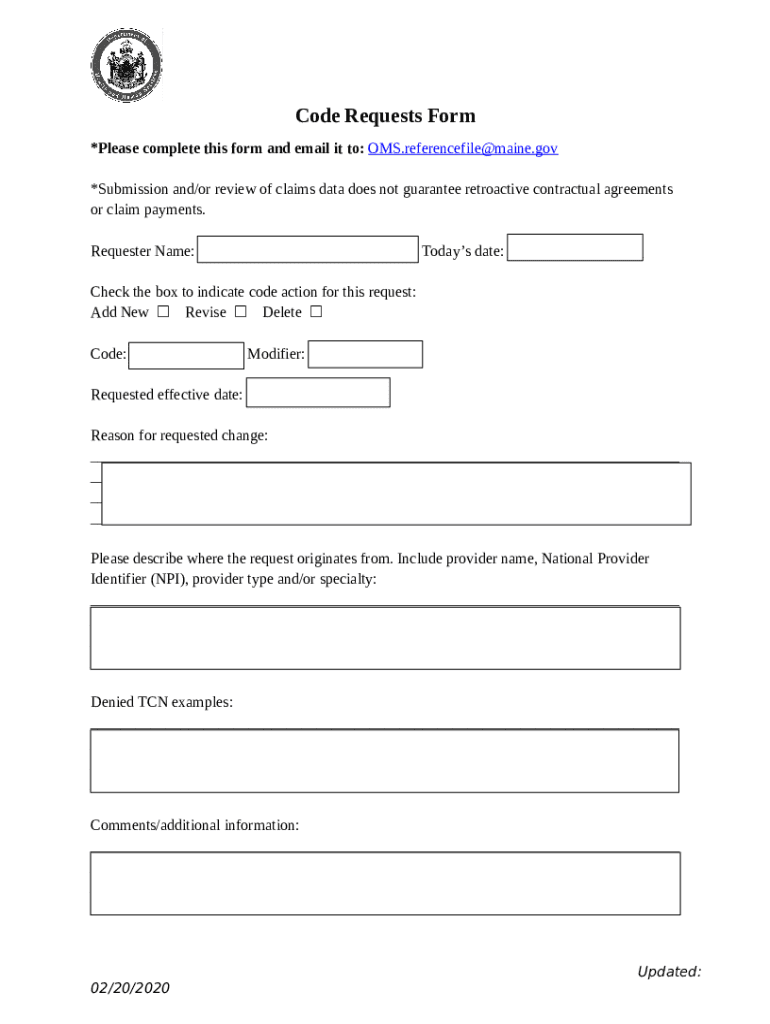 HIPAA Compliant Codes Request - mainecare maine Doc Template | pdfFiller