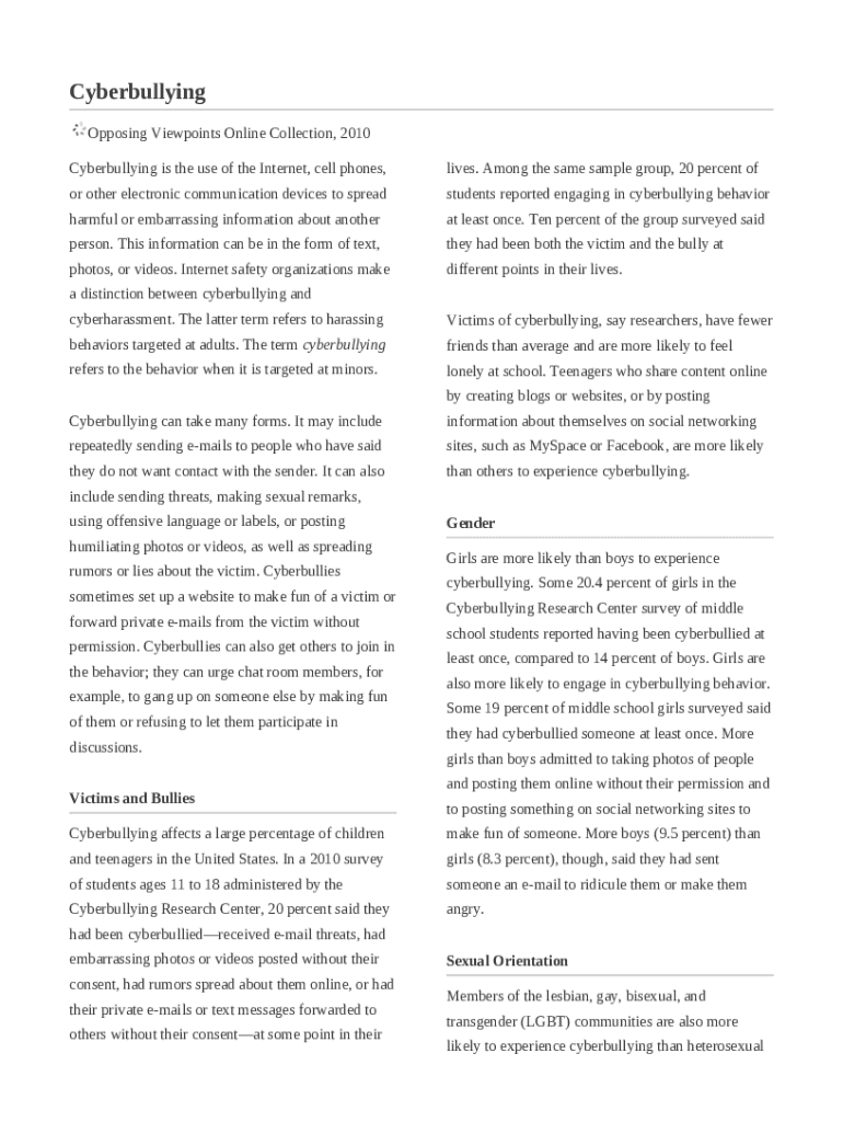 Info Sheet: Cyberbullying Doc Template | pdfFiller
