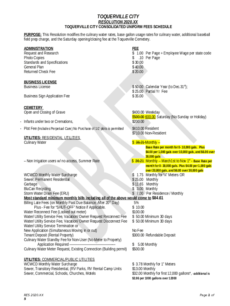 a resolution adjusting culinary water rates Doc Template | pdfFiller
