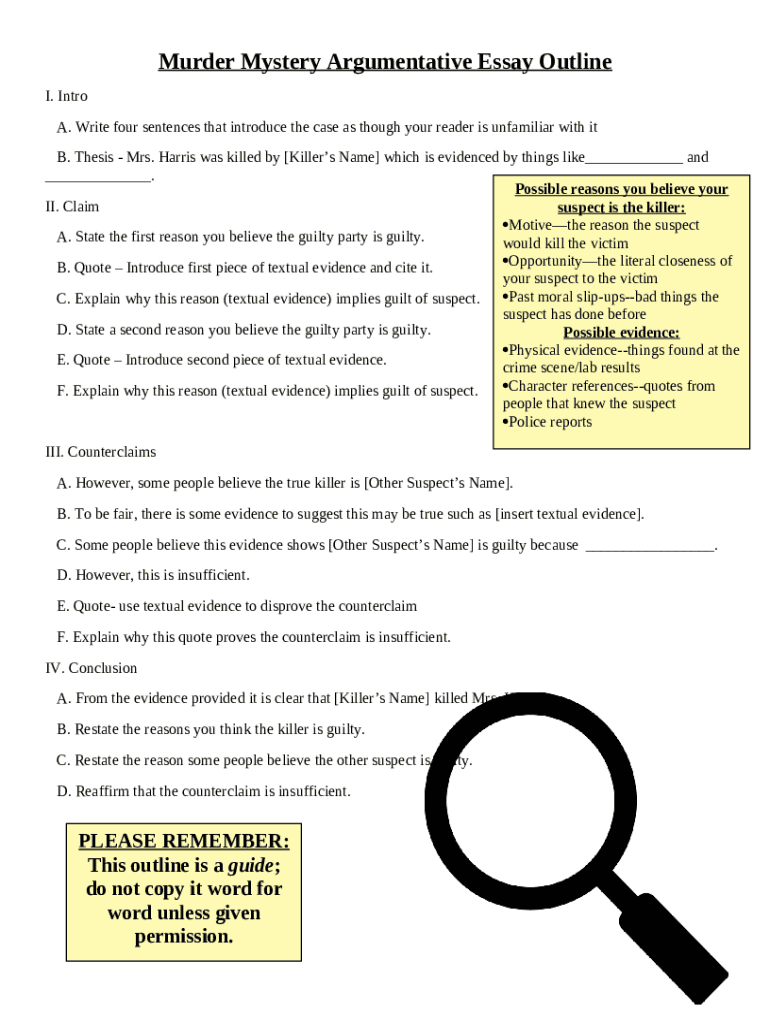 Murder Mystery Argumentative Essay Outline Doc Template | pdfFiller