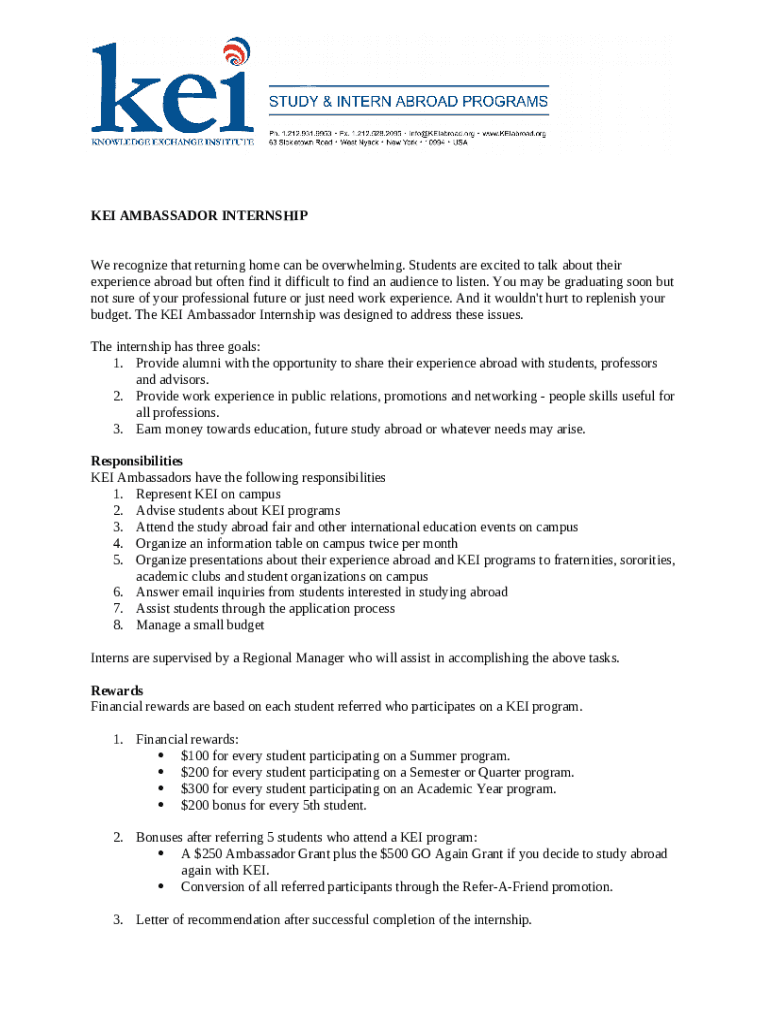 Global Internship Program: Student Ambassadors Doc Template | pdfFiller