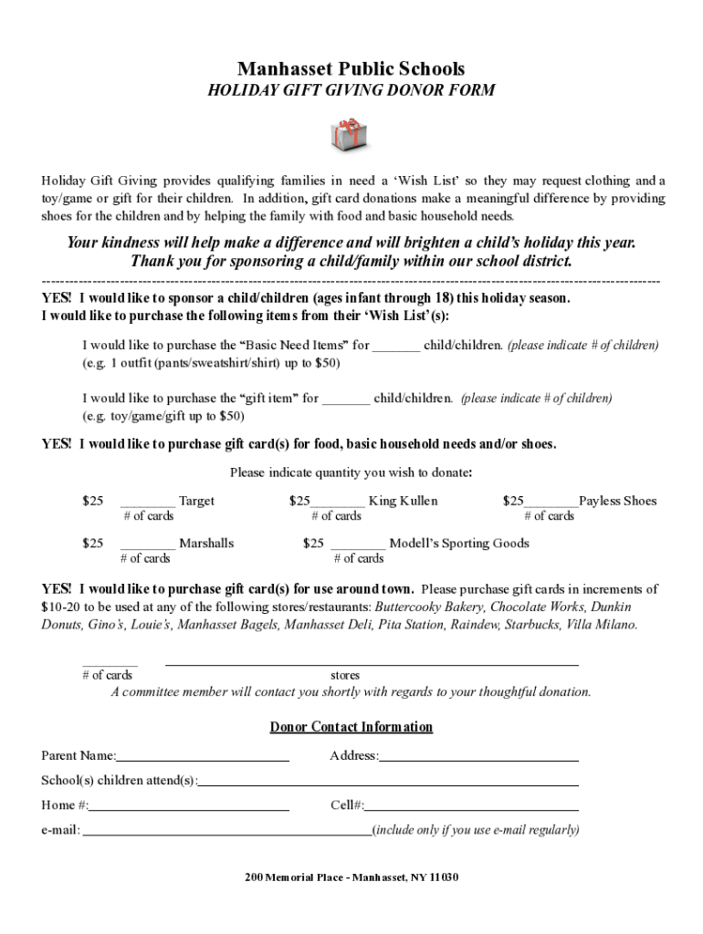 Fillable Online HOLIDAY GIFT GIVING DONOR FORM Fax Email Print - pdfFiller