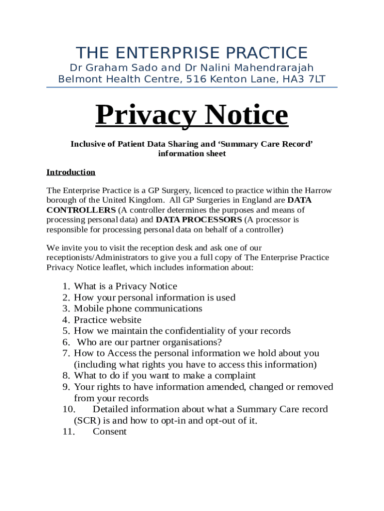 Patient Data Sharing ination sheet and Privacy Notice Doc Template | pdfFiller