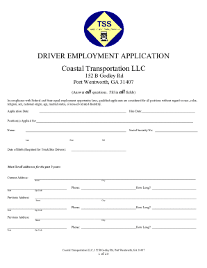 Fillable Online DRIVER EMPLOYMENT APPLICATION ... Fax Email Print ...