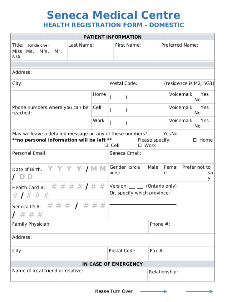 Seneca-Medical-Centre-Health-Registration-Form-Domestic: Fill out ...