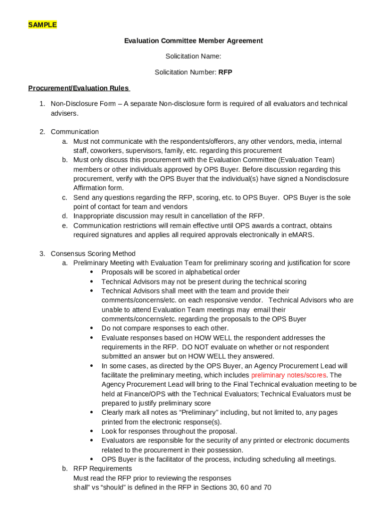 Sample RFP Evaluation Team Member Agreement - finance ky Doc Template ...