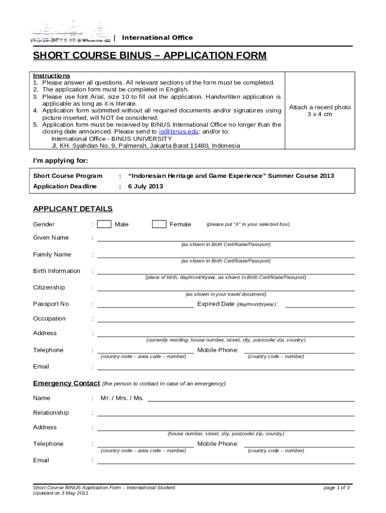 Application for International Students - BINUS Global - socs binus ac Doc Template | pdfFiller